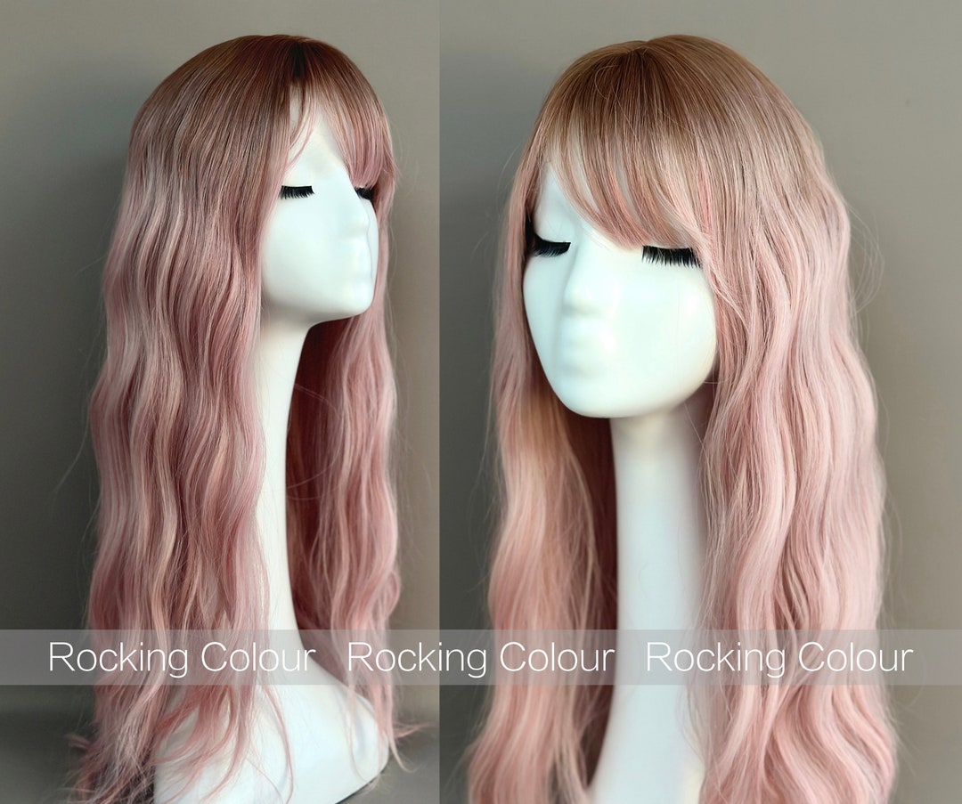 24'' Light Pink Extra Long Curly Wig With Bangs Baby Pink Dark Root Wig ...
