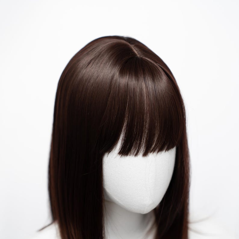 Dark Brown Bob Wig With Bangs | 16-inch Straight Synthetic Hair - Etsy