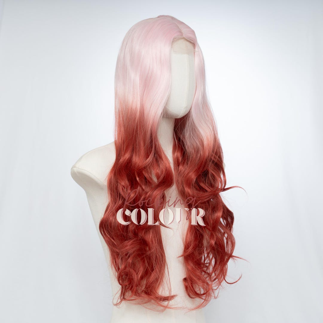 24-inch Pink to Red Ombre Small Lace Front Wig | Long Wavy Synthetic ...