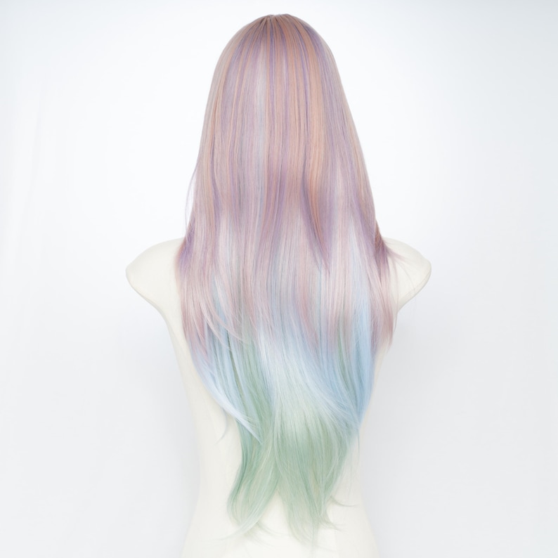 24-inch Pastel Rainbow Straight Wig With Bangs | Pink Lavender Blue ...