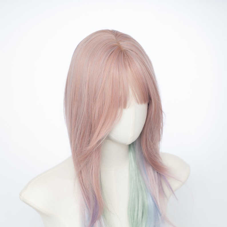 24-inch Pastel Rainbow Straight Wig With Bangs | Pink Lavender Blue ...