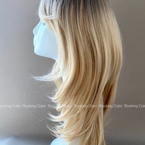 22'' Long Wolf Cut Wig, Straight and Curly Dark Root Ombre Wig With ...