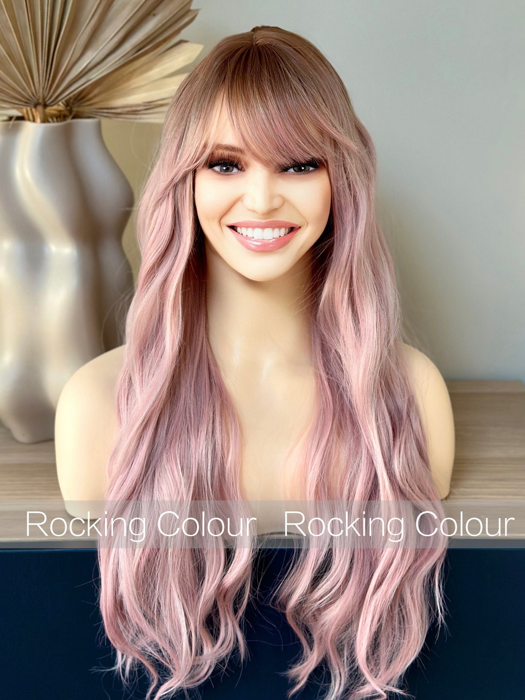 Light Pink Ombre Curly Wig With Bangs/24-inch Brown Root Baby Pink Wig ...