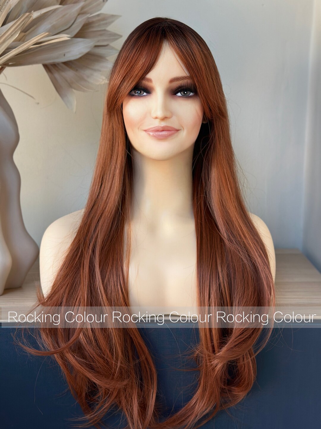 Deep Ginger Red Curly Ombre Wig With Side Bangs/26-inch Dark Root Ginger Red Side-fringe Wig ...