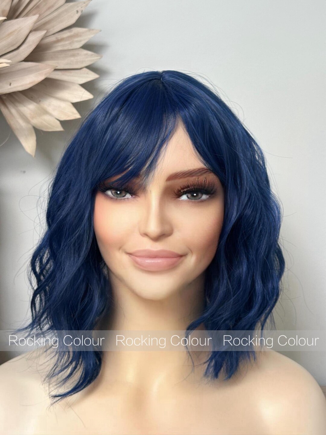 Blue Wavy Bob Wig With Bangs | 12-inch Short Shoulder Length Synthetic ...