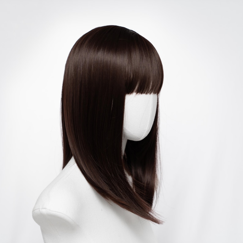 Dark Brown Bob Wig With Bangs | 16-inch Straight Synthetic Hair - Etsy