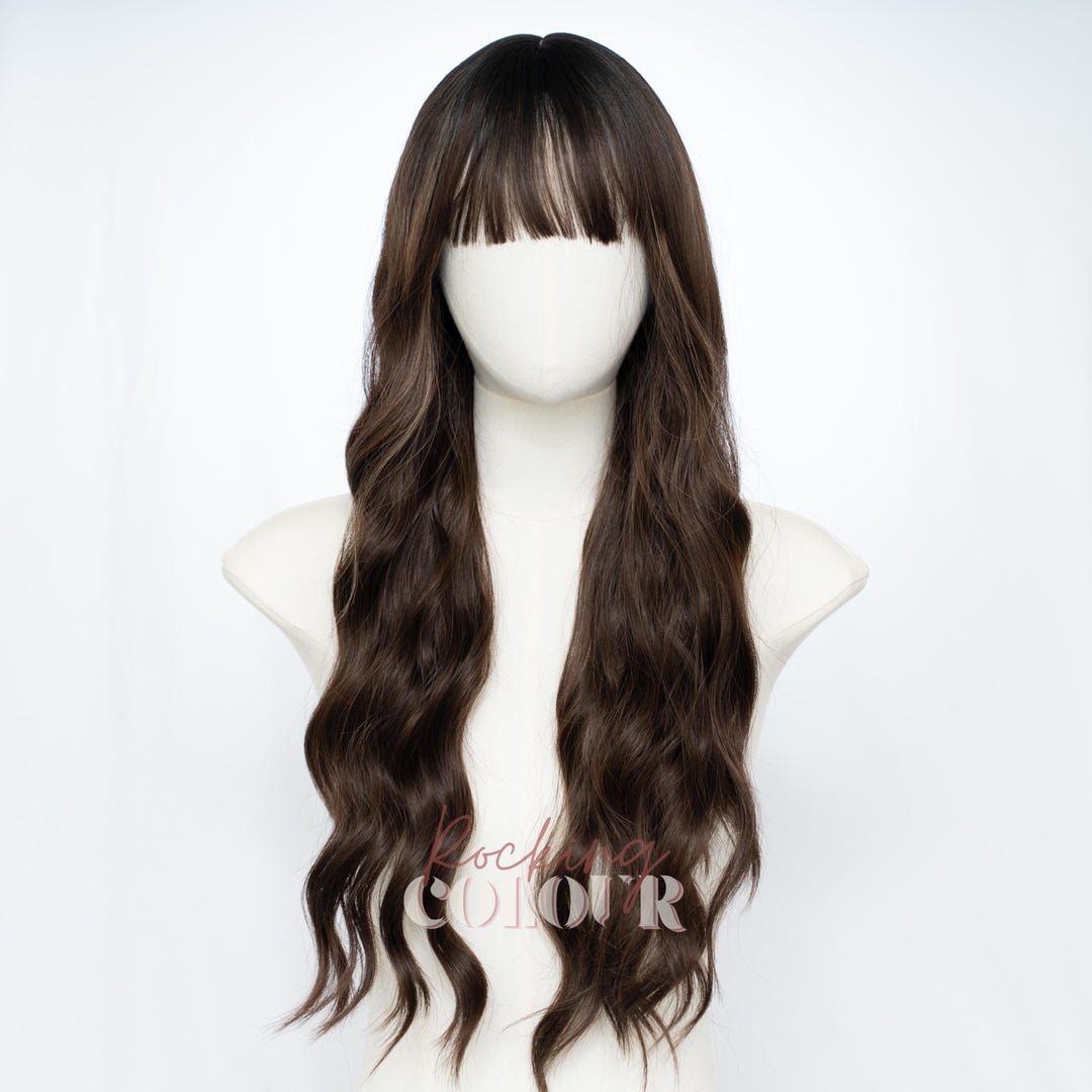 26-inch Dark Brown Wavy Wig With Bangs | Natural Highlights - Etsy