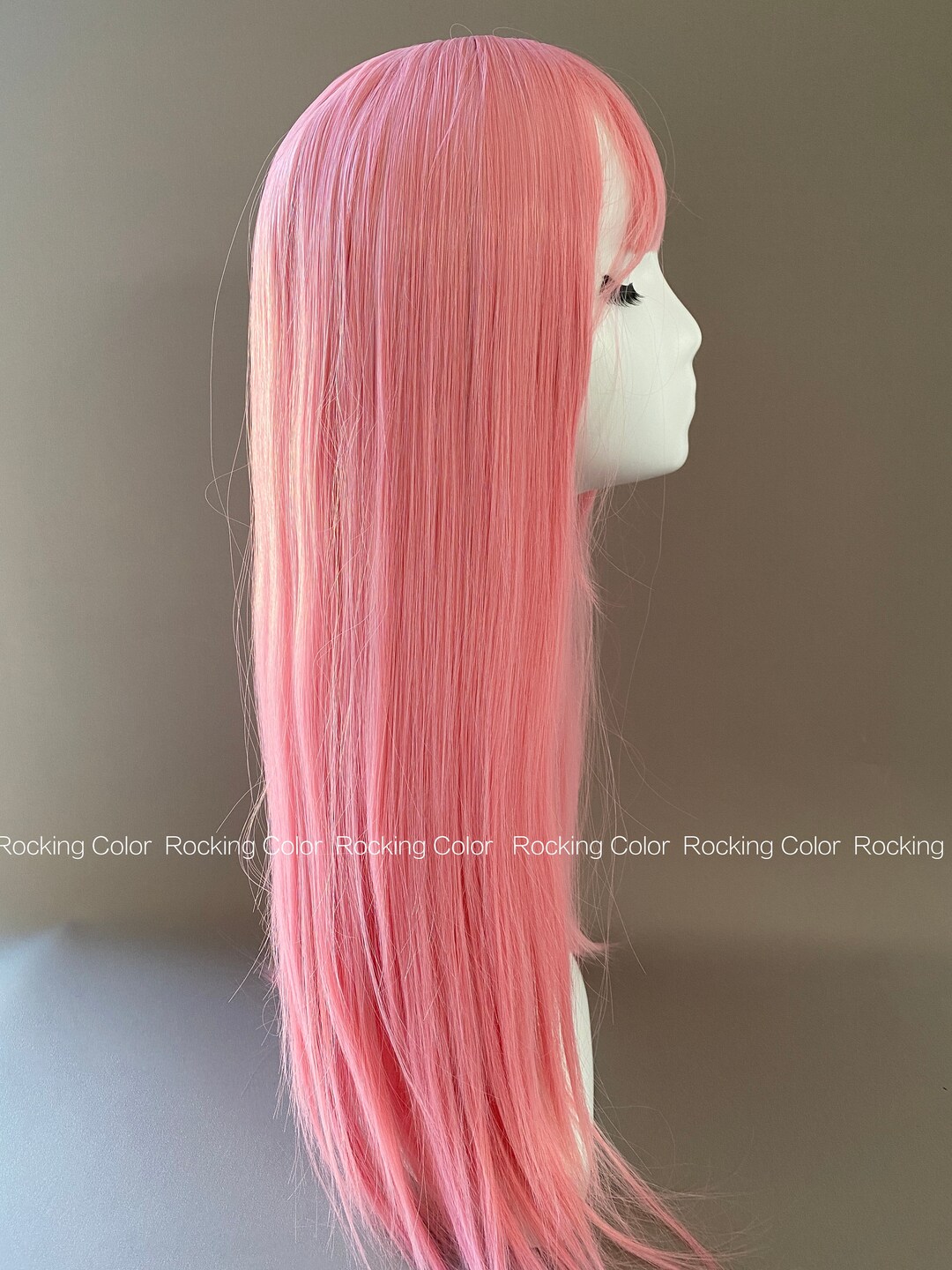 24-inch Pastel Pink Long Straight Wig With Bangs | Soft Synthetic Hair ...