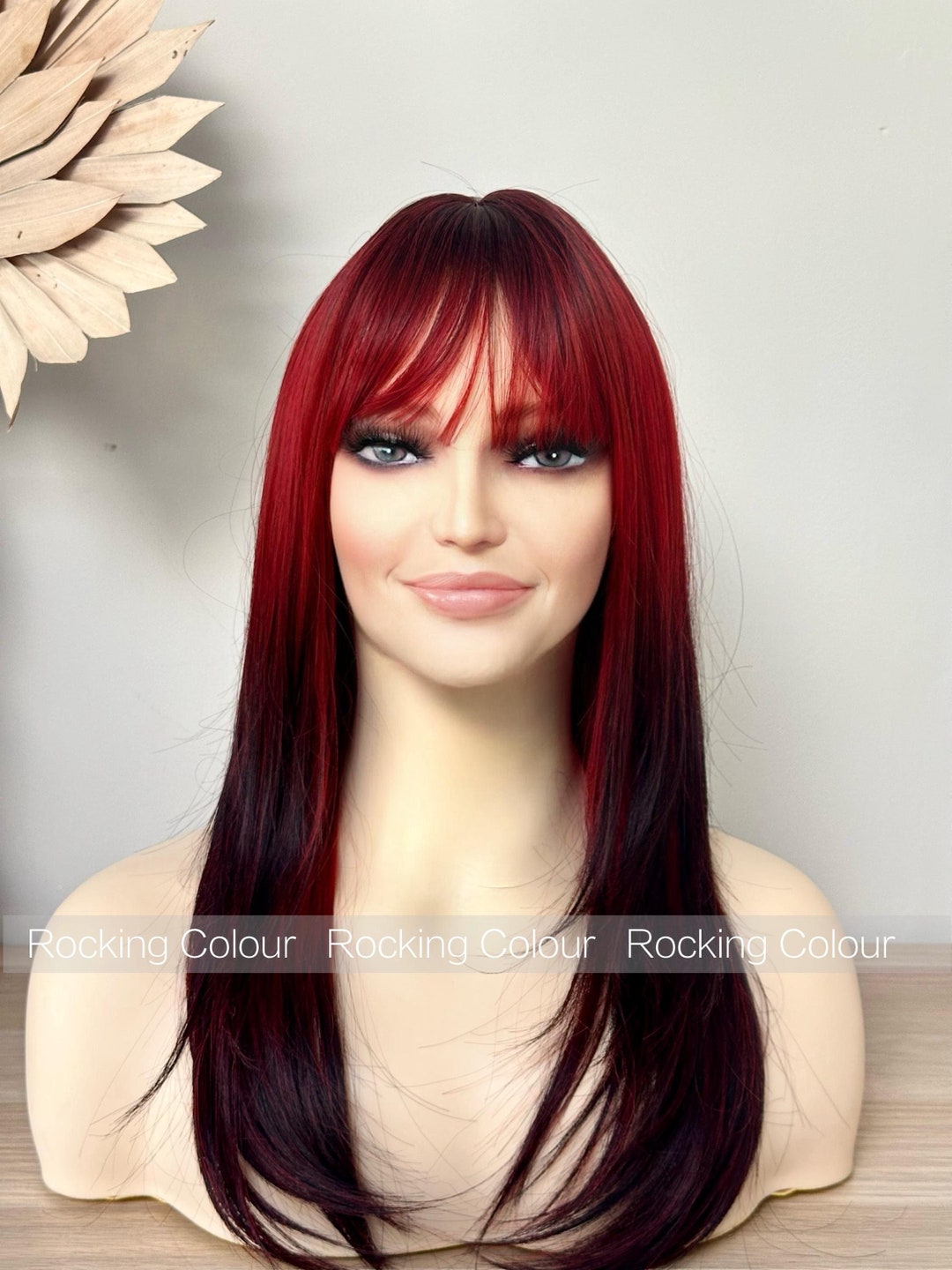 Red and Black Ombre Wig With Bangs | 20-inch Straight Synthetic Hair - Etsy