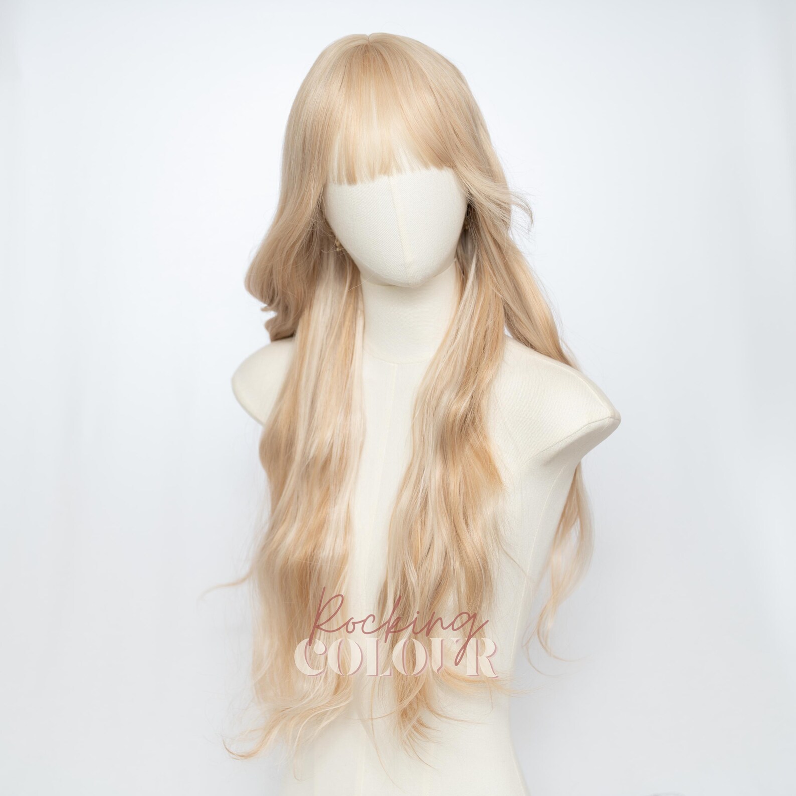 Balayage Wavy Wig With Bangs | 24-inch Sandy Blonde Long Fringe Style ...