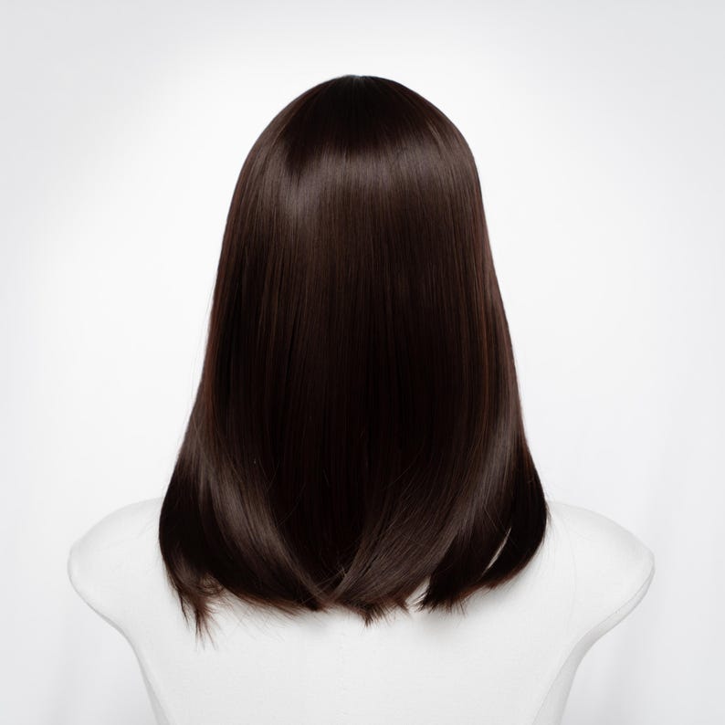 Dark Brown Bob Wig With Bangs | 16-inch Straight Synthetic Hair - Etsy