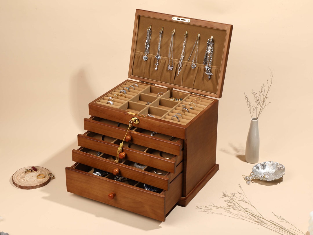 Wooden Jewelry Box, Large Jewelry Storage Box, Lockable Jewelry Box ...