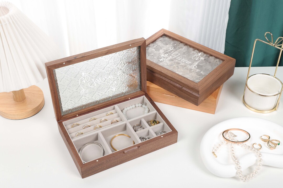 Personalized Jewelry Box, Vintage Jewelry Case, Custom Solid Wood Glass ...