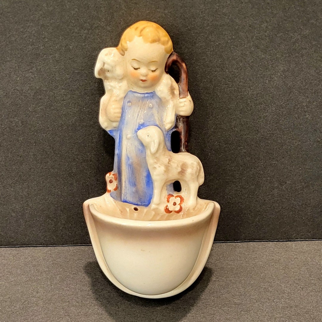 VTG Goebel Hummel Holy Water Font Porcelain Shepherd Boy Lambs Sheep 1990s Religious Gift Wall ...