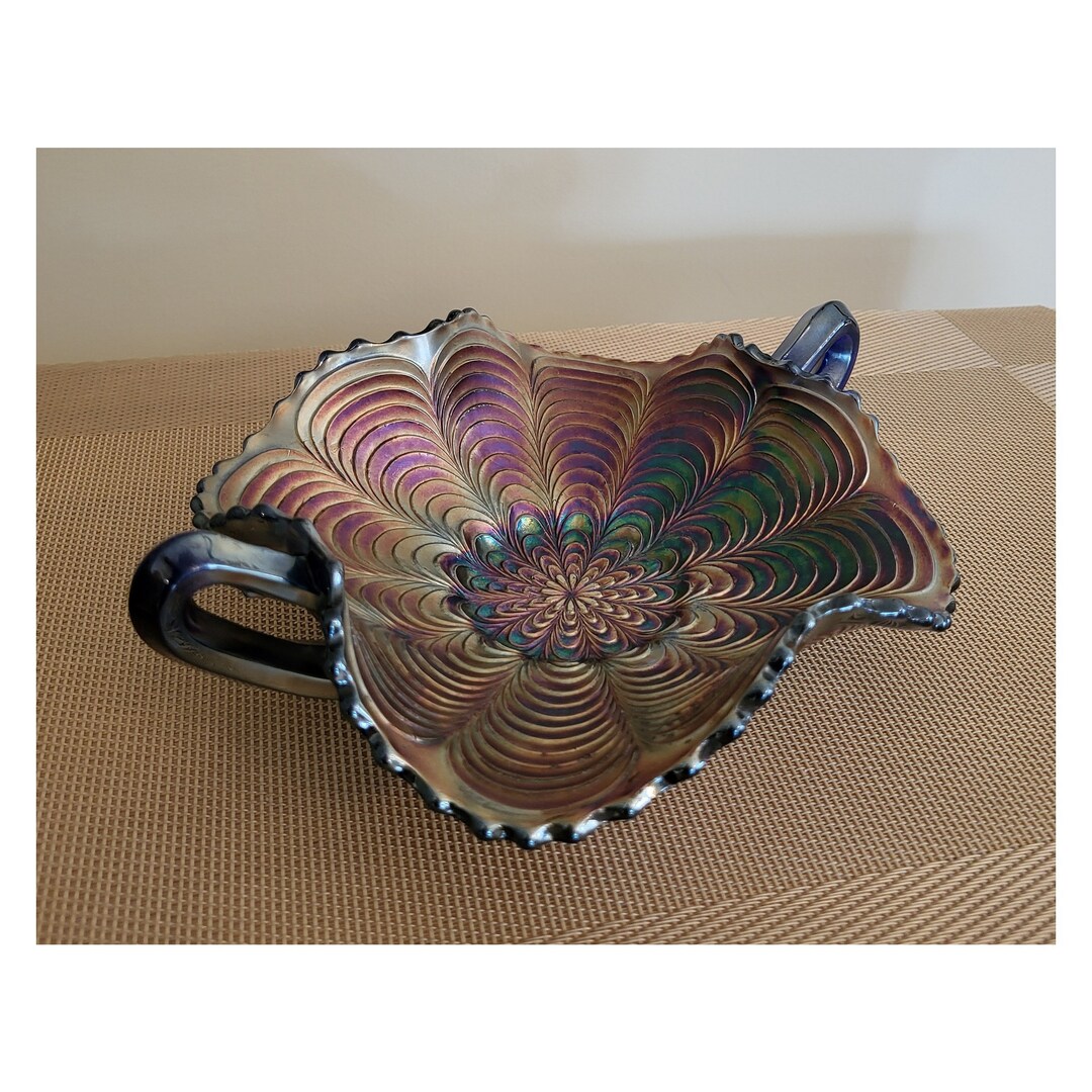 Antique Fenton Carnival Glass Bon Bon Dish Peacock Tail Cobalt Blue ...