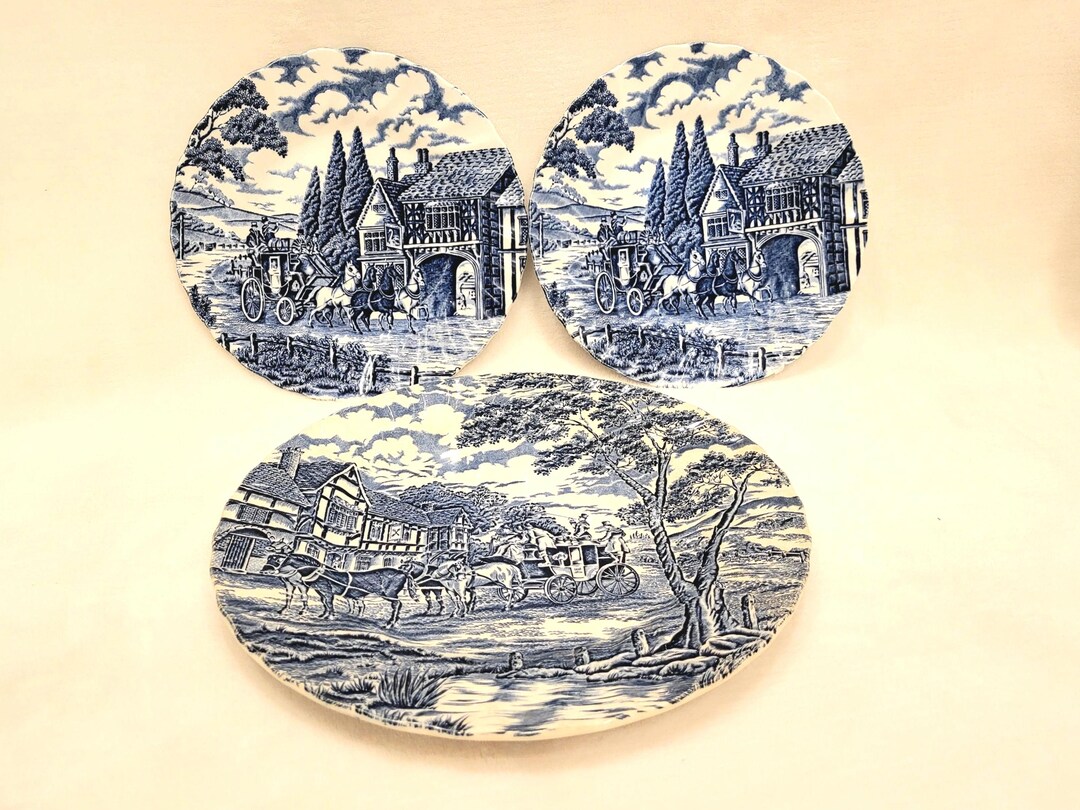 Myott Royal Mail Plates Ceramic Set of 3 Plates Blue & White Stage ...