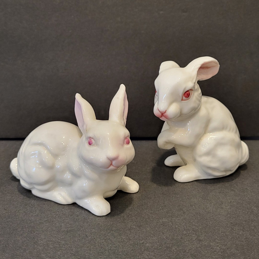 VTG Bunny Rabbit Figurines White Bone China Pair Set of 2 Pink Eyes ...