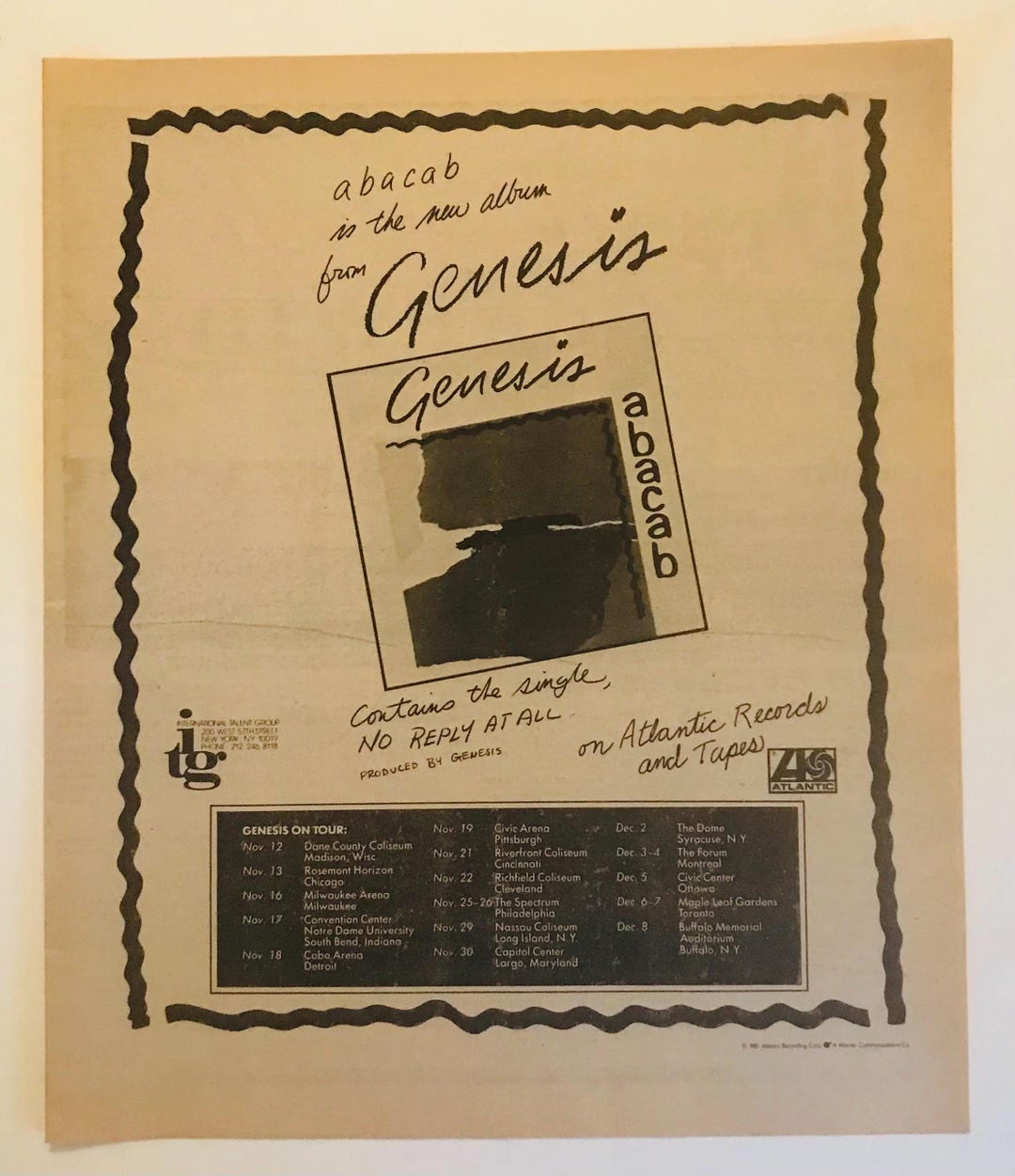 1981 Genesis Band ~ABACAB~ Tour Promo Ad Small Poster Phil Collins Rock ...