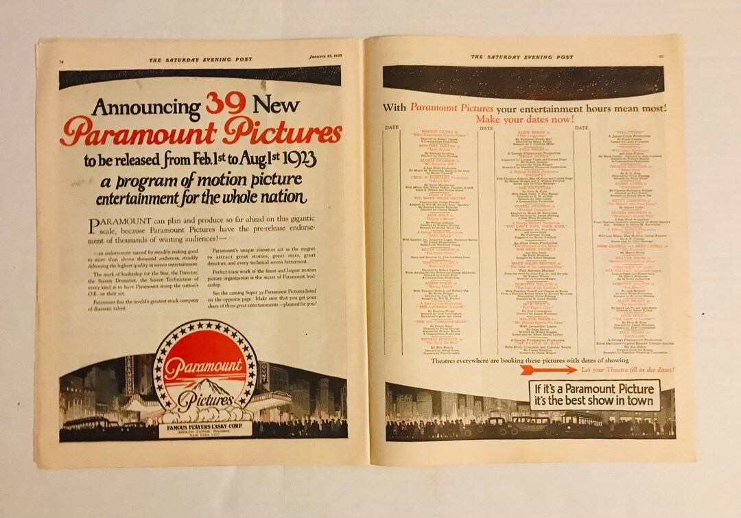 1923 Paramount Pictures Motion Picture Announcement - Movies Vintage ...