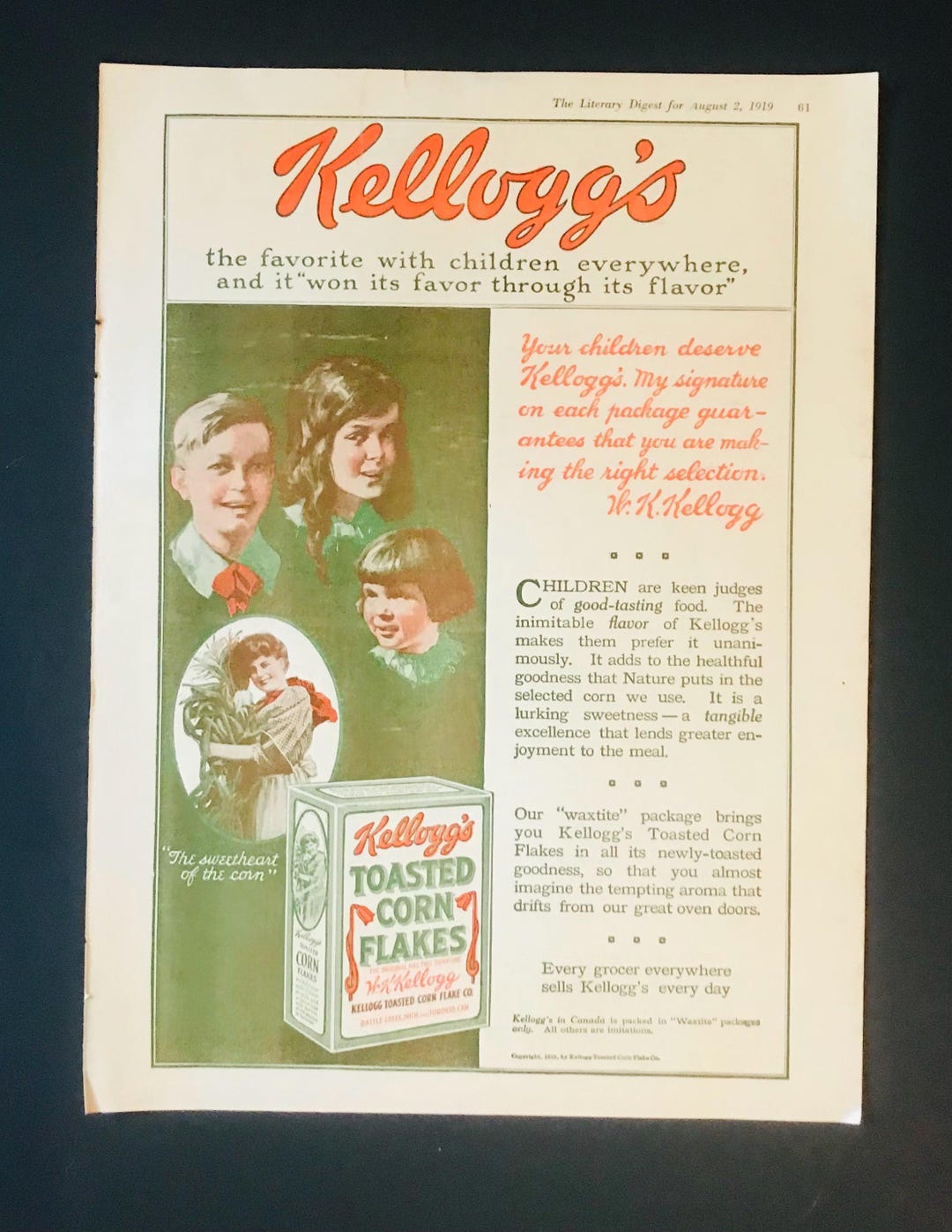 1919 Kellogg's Corn Flakes Colored VTG AD Small Poster - Etsy