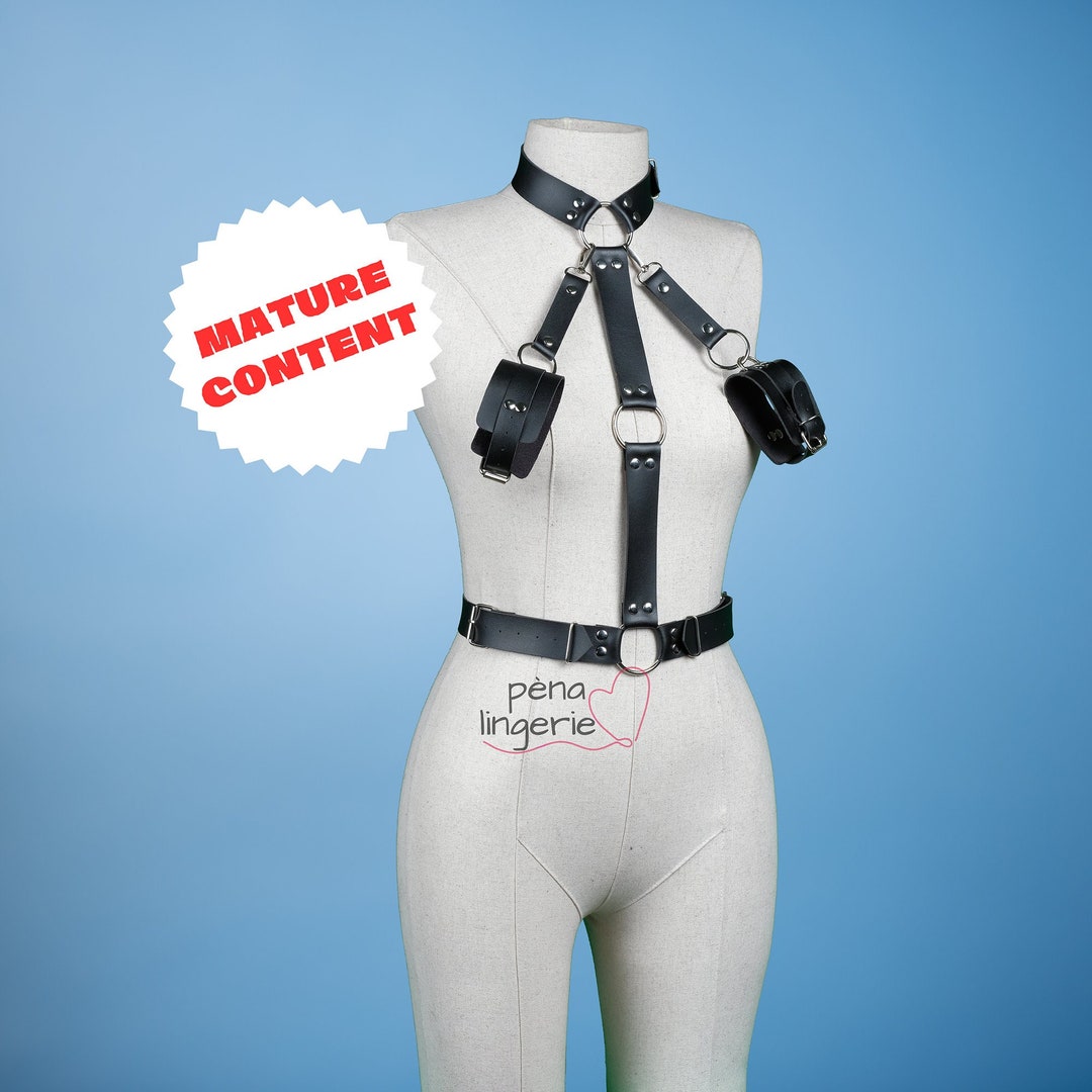 Bondage Waist Harness with Cuffs, Leather Harness Set, Bondage Collar, Top Harness Woman ...