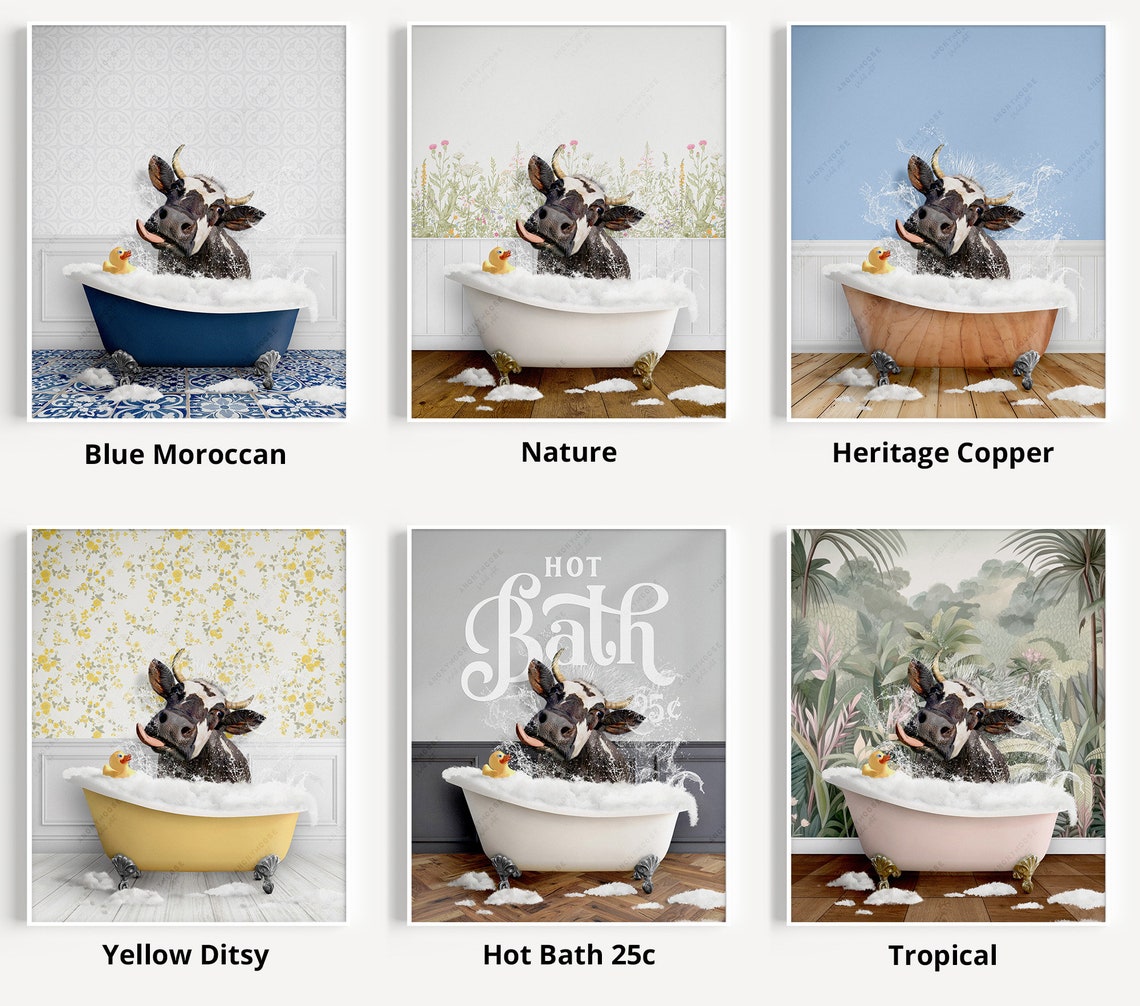 Cow Shaking Head in a Bath Print, Friesian Cow Bathing, Funny Bathroom ...