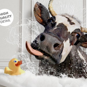 Cow Shaking Head in a Bath Print, Friesian Cow Bathing, Funny Bathroom ...
