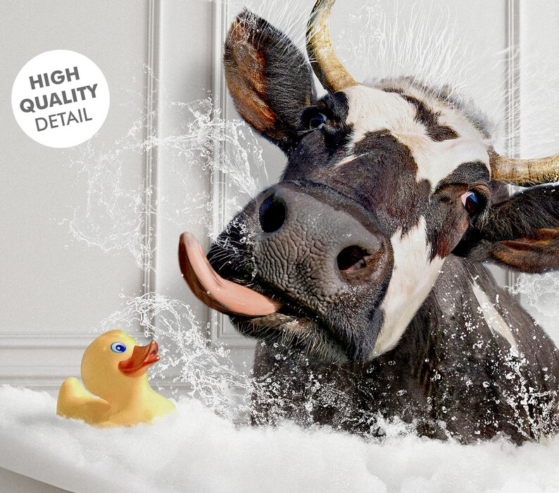 Cow Shaking Head in a Bath Print, Friesian Cow Bathing, Funny Bathroom ...