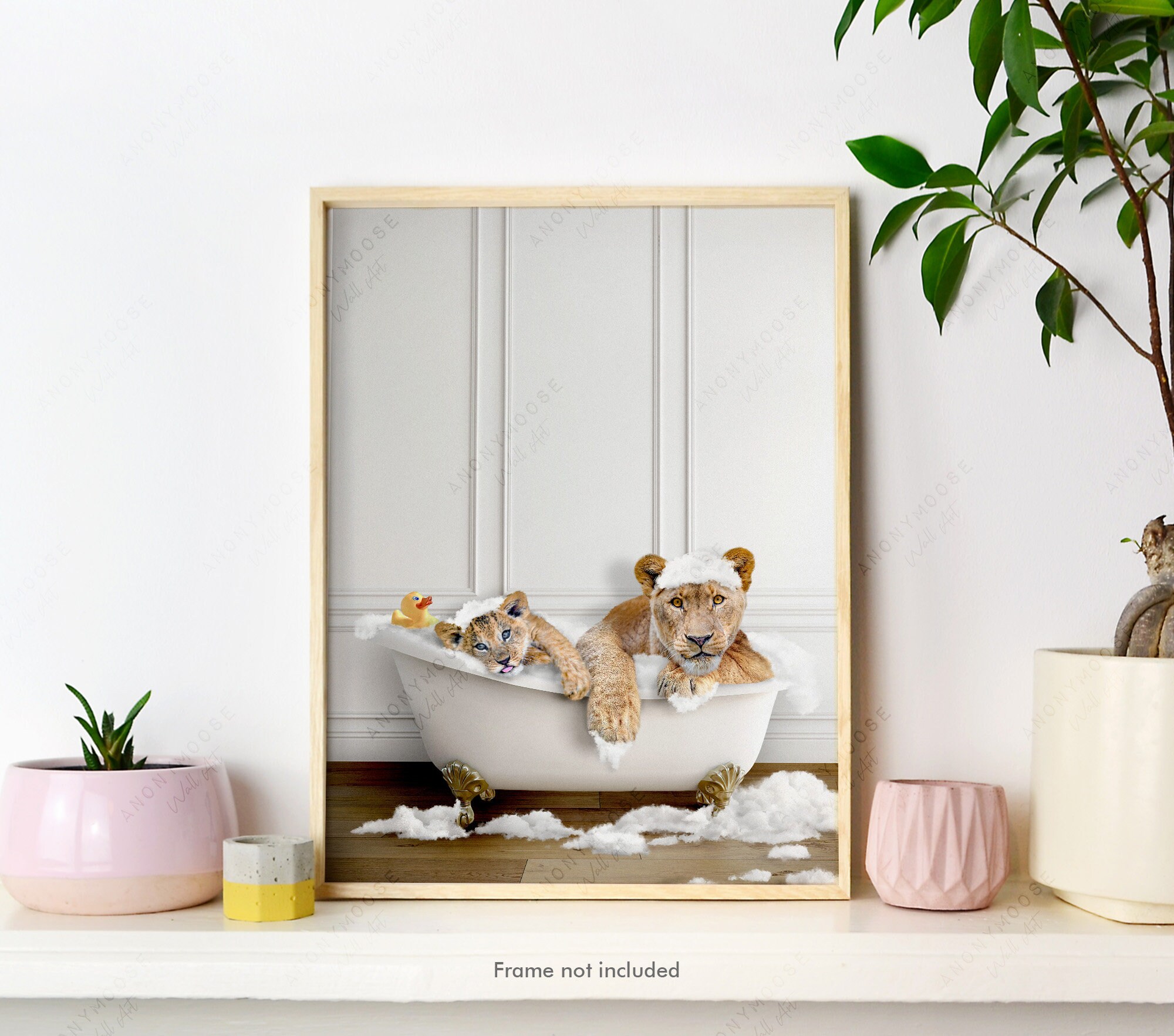 Lioness With Cub in Bath Tub Print, Lions Bathing, Funny Bathroom Print ...