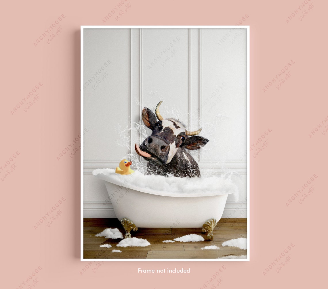 Cow Shaking Head in a Bath Print, Friesian Cow Bathing, Funny Bathroom ...