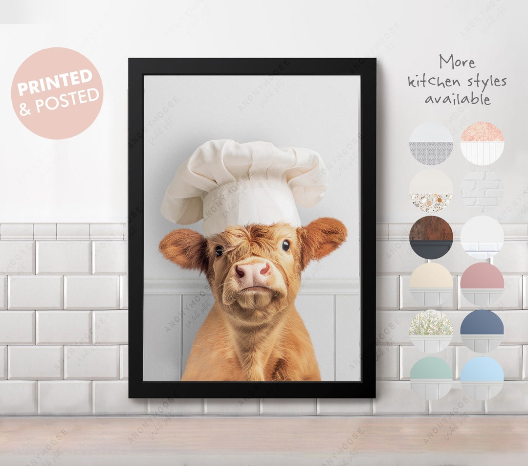 Baby Highland Cow Calf in Chef's Hat Kitchen Print, Funny Cooking Print ...
