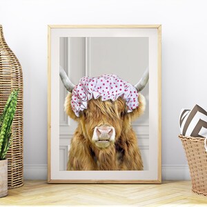 Highland Cow in a Shower Cap Print, Cow Bathing, Funny Bathroom Print ...