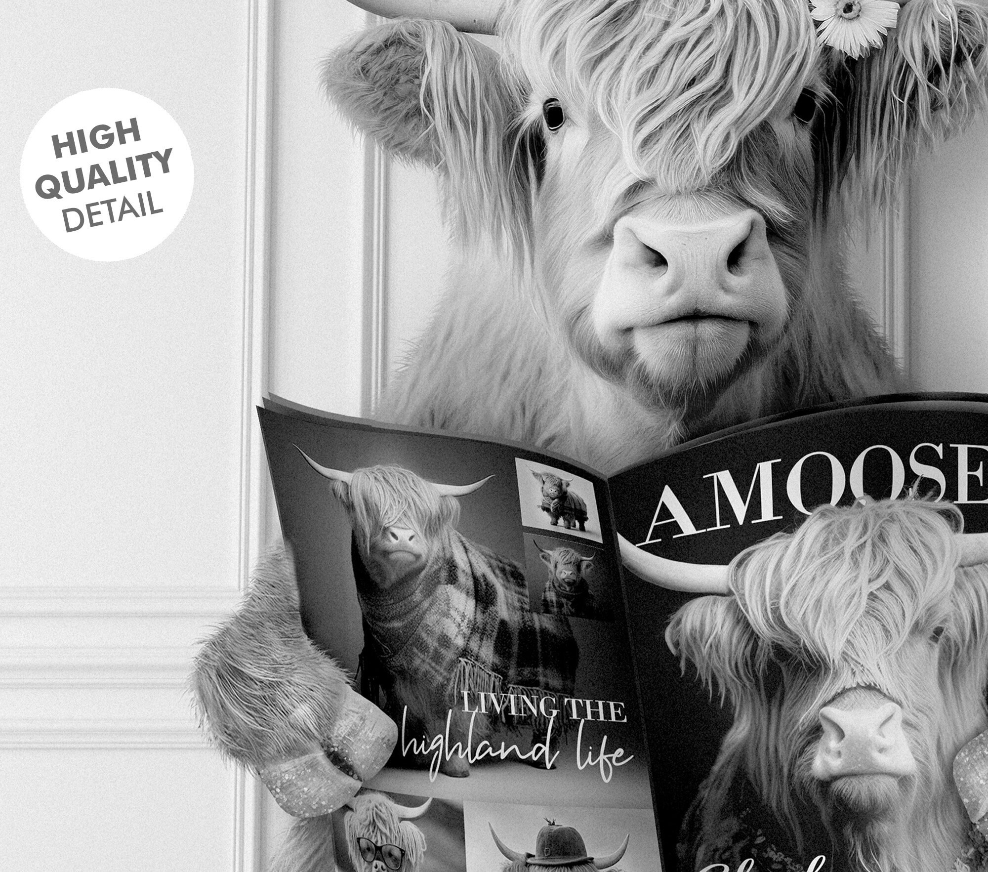 Black and White Female Highland Cow on Toilet With Magazine, Cow ...