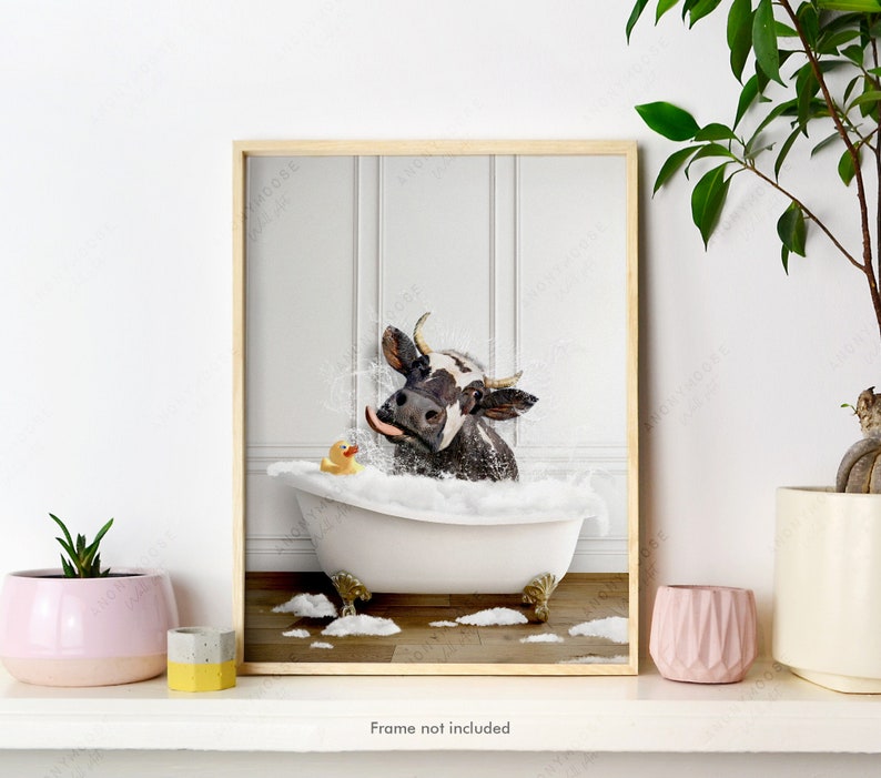 Cow Shaking Head in a Bath Print, Friesian Cow Bathing, Funny Bathroom ...