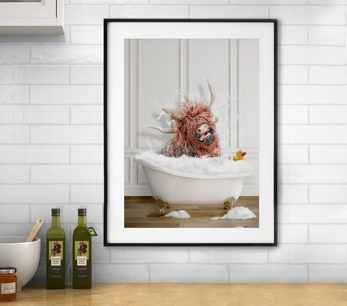Highland Cow Shaking Head in a Bath Print Cow Bathing Funny - Etsy UK