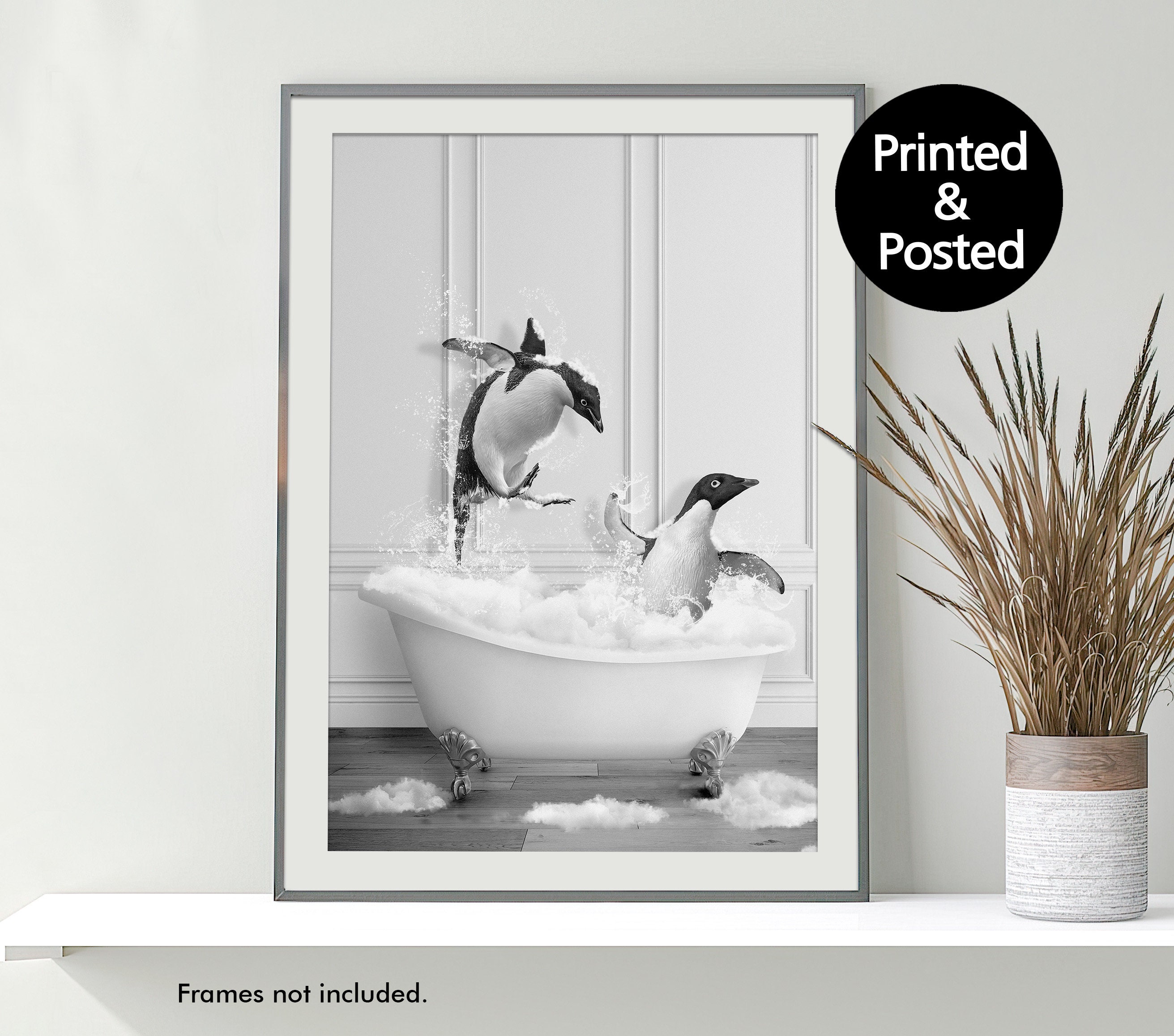 Black & White Penguins Playing in Bath Tub Print Penguin - Etsy UK