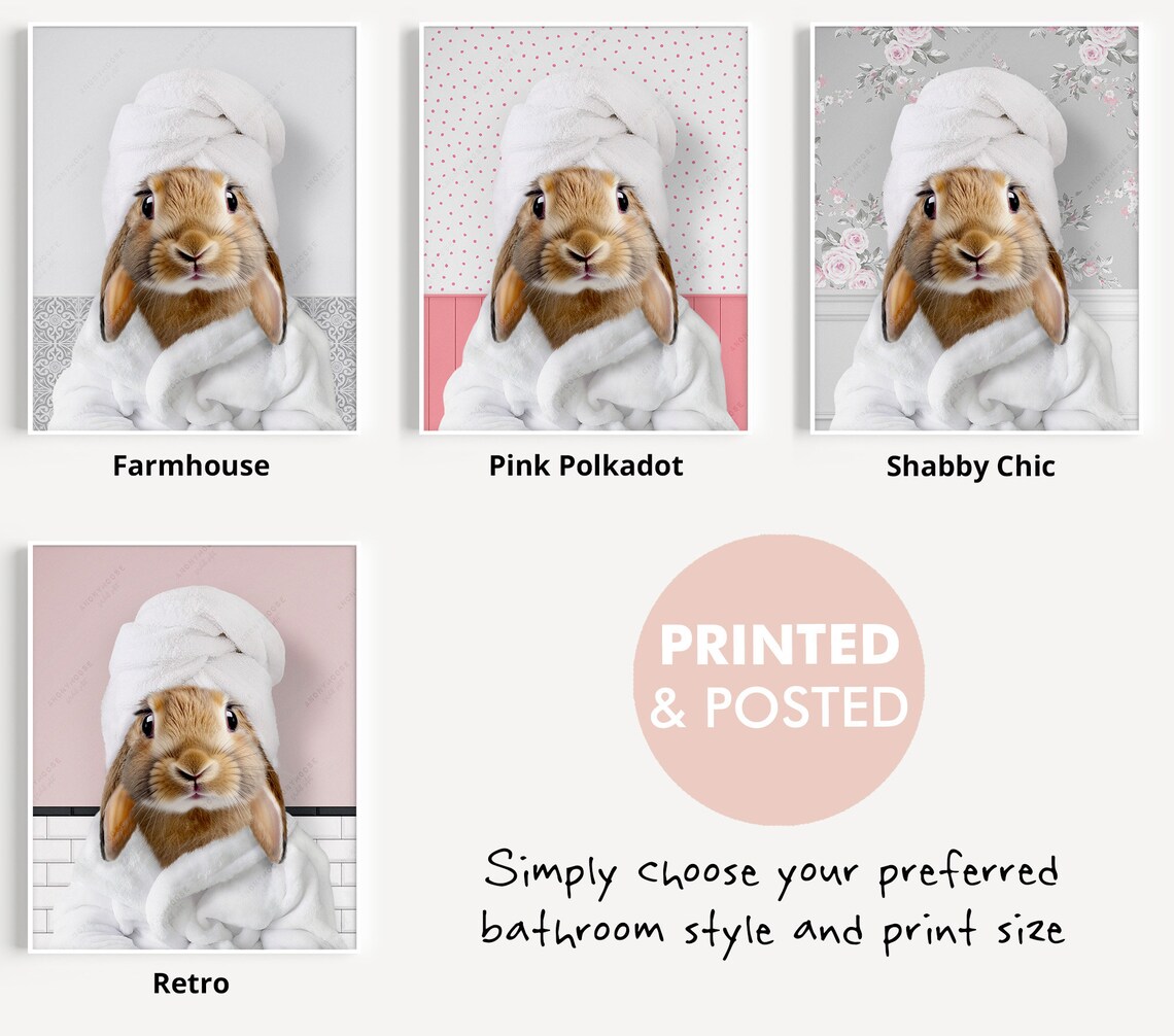 Rabbit in a Bathrobe Print, Bunny Bathing, Funny Bathroom Print, Animal ...
