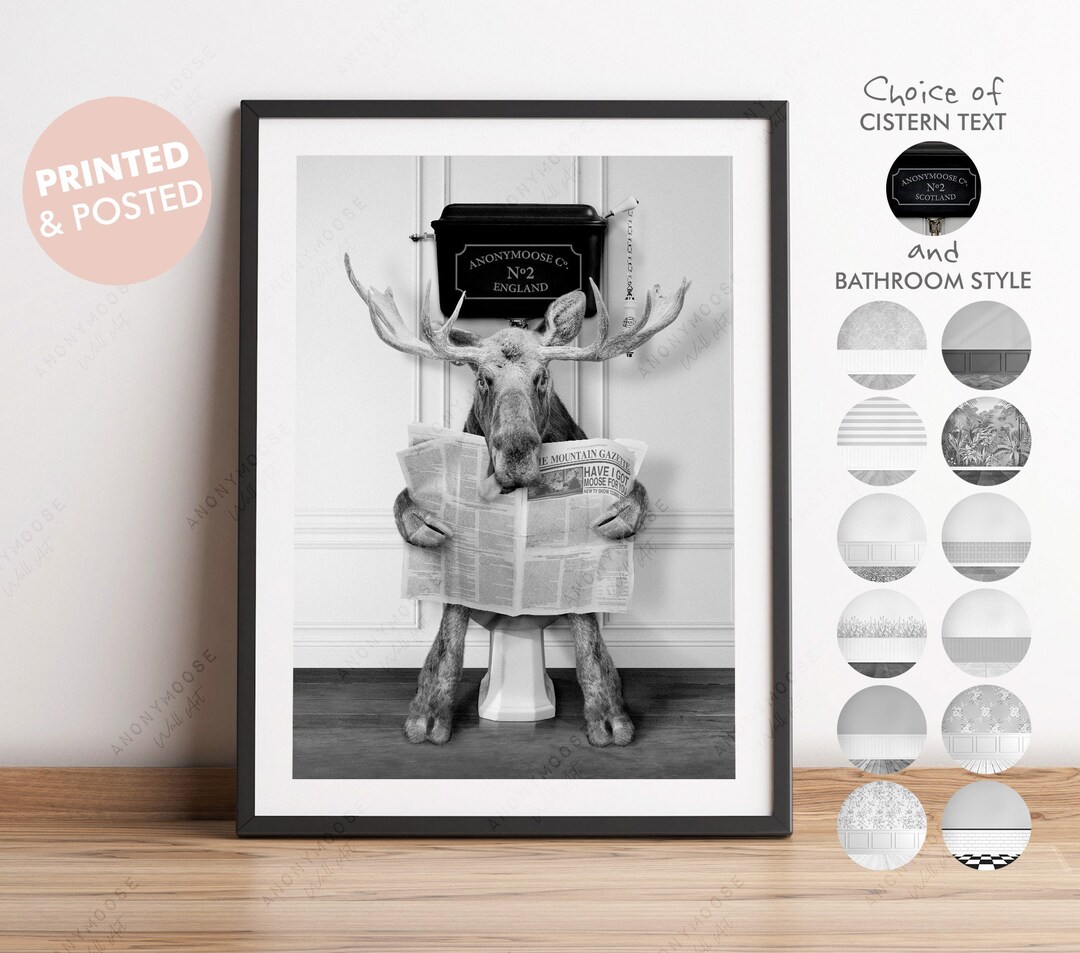 Black and White Moose on Toilet With Newspaper, Cow Victorian Toilet ...