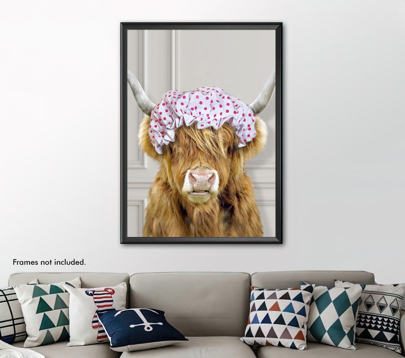 Highland Cow in a Shower Cap Print, Cow Bathing, Funny Bathroom Print ...