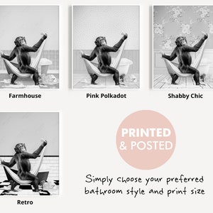 Black and White Chimpanzee Drying With a Towel in Bathroom Print, Monkey Bathing, Funny Bath ...