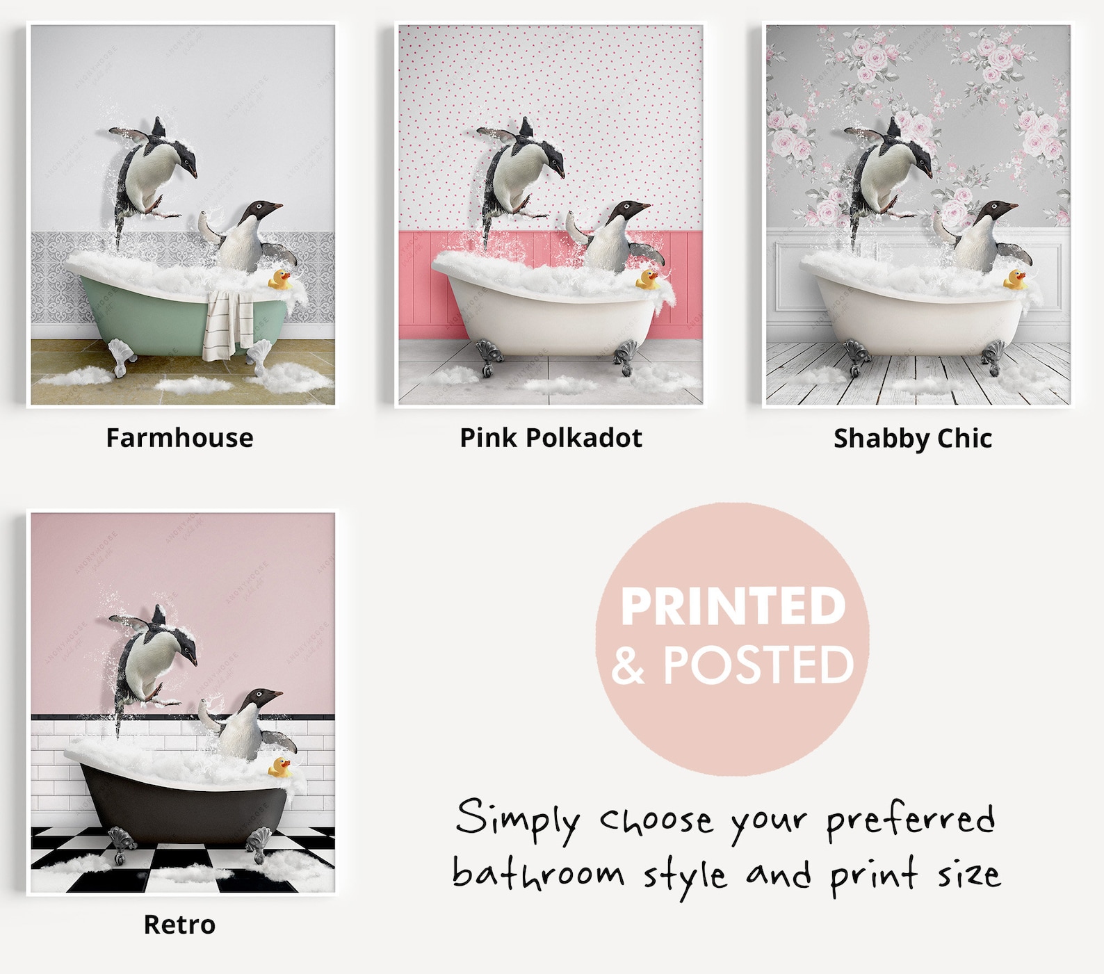 Penguins Playing in Bath Tub Print, Penguin Bathing, Funny Bathroom ...