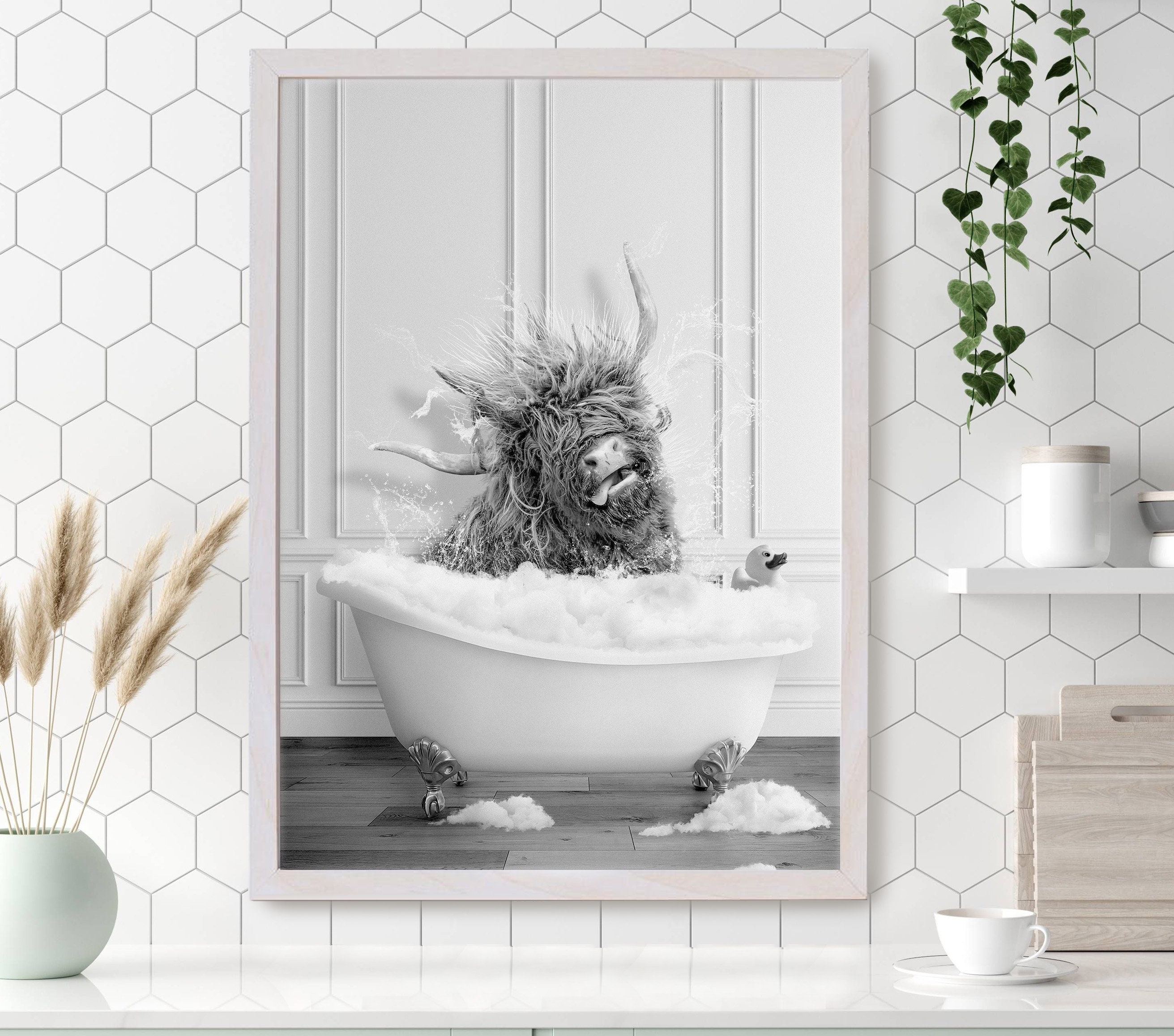Black and White Highland Cow Shaking Head in a Bath Print Cow - Etsy UK