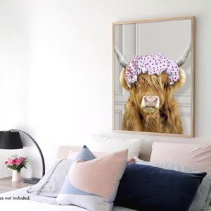 Highland Cow in a Shower Cap Print, Cow Bathing, Funny Bathroom Print ...