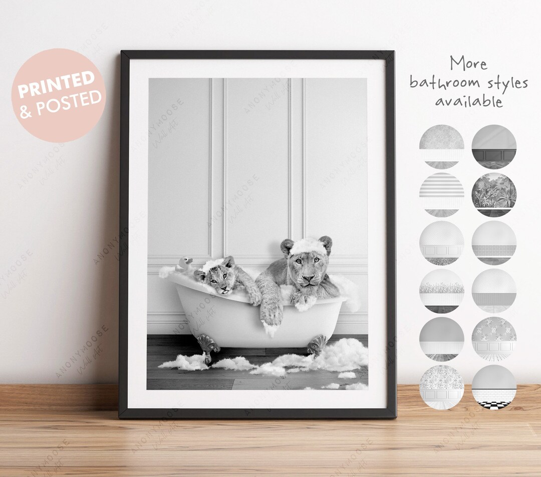 Black and White Lioness With Cub in Bath Tub Print, Lions Bathing ...
