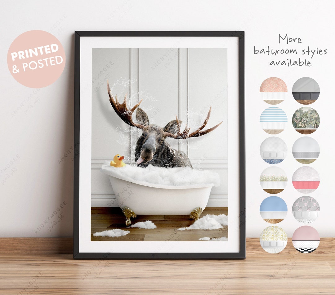 Moose Shaking Head in a Bath Print, Moose Bathing, Funny Bathroom Print ...