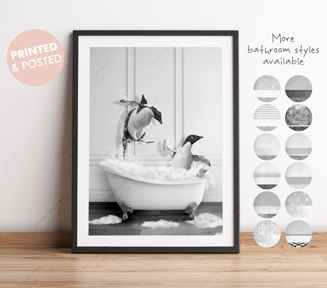 Black & White Penguins Playing in Bath Tub Print, Penguin Bathing ...