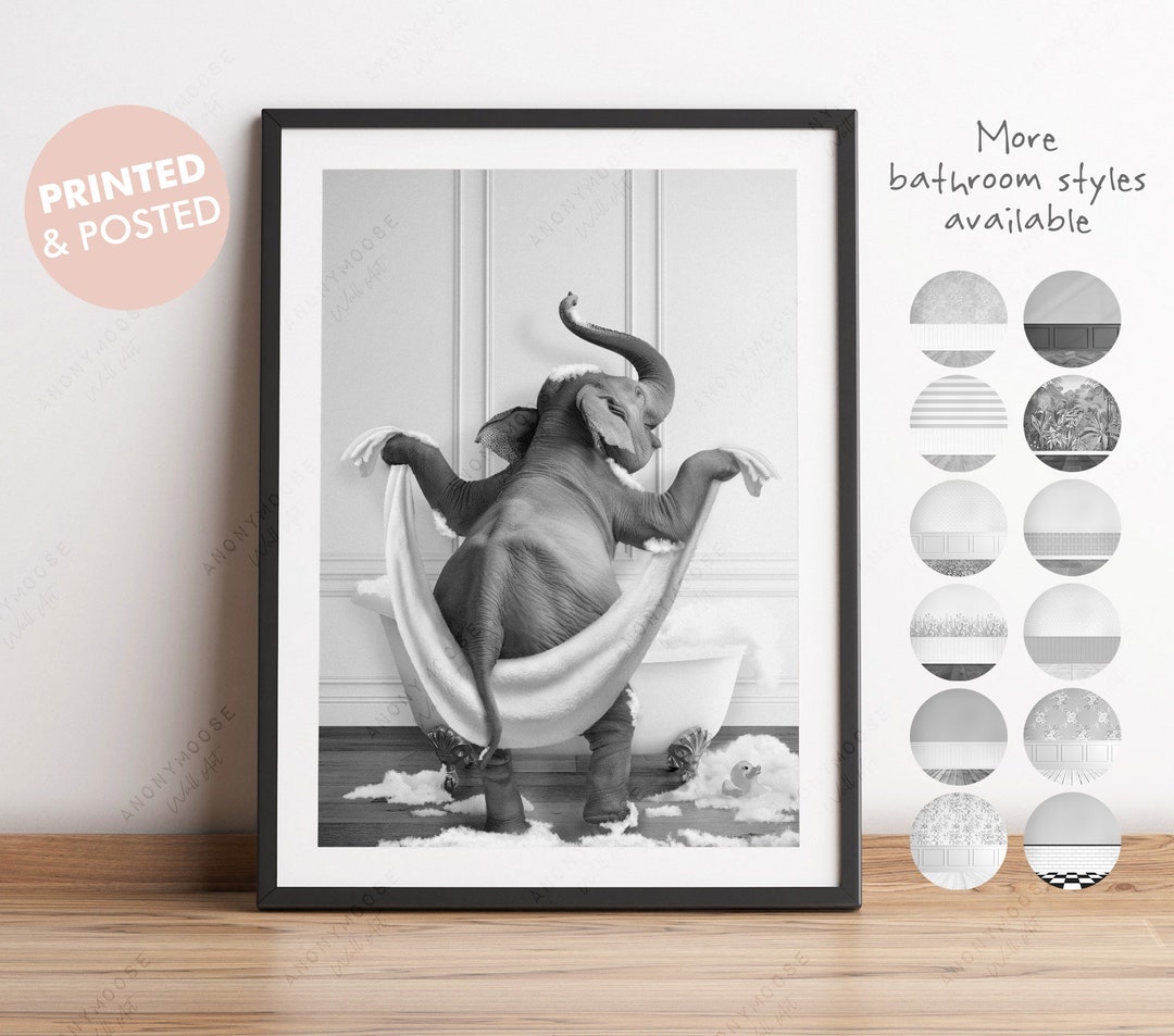 Black and White Elephant Drying With a Towel in Bathroom Print ...