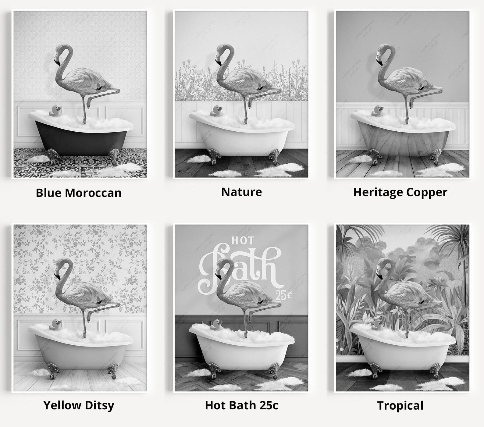 Black and White Pink Flamingo in a Bath Print, Flamingo Bathing, Funny ...