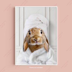 Rabbit in a Bathrobe Print, Bunny Bathing, Funny Bathroom Print, Animal ...