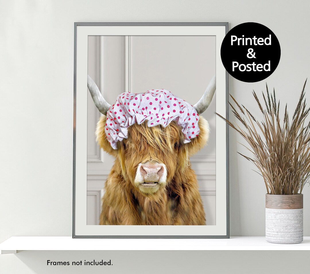 Highland Cow in a Shower Cap Print, Cow Bathing, Funny Bathroom Print ...